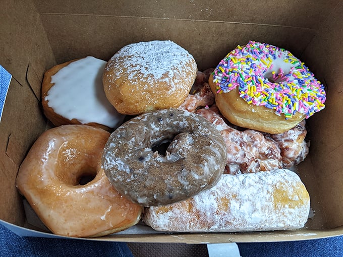 Donut heaven in a box! From powdered sugar to rainbow sprinkles, this assortment is what breakfast dreams are made of.
