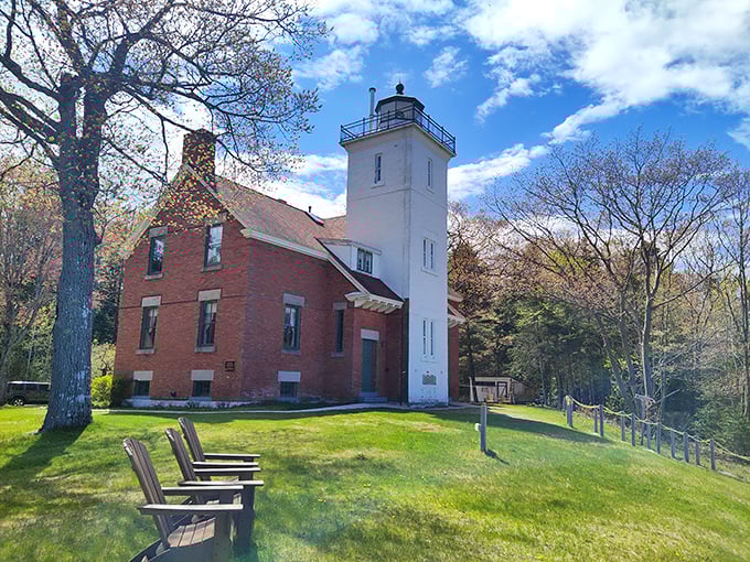 Adirondack chairs invite visitors to sit a spell and contemplate the same horizon that lighthouse keepers watched over for generations.