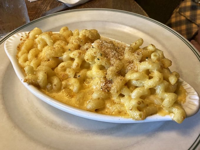 Mac and cheese that makes time stand still – a golden-topped masterpiece that could heal whatever ails you. Comfort food that's achieved enlightenment.
