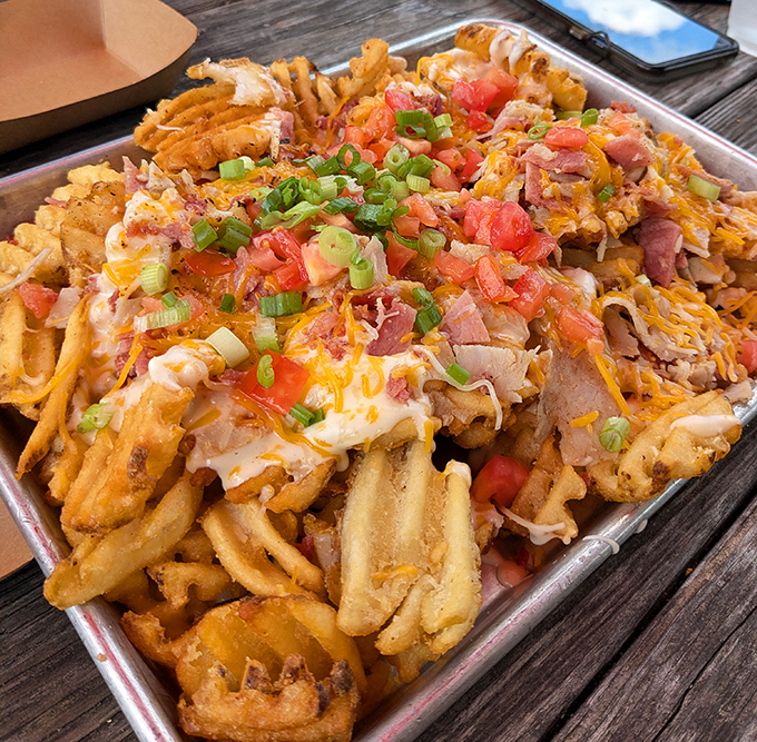 These loaded fries don't just sit on the plate—they throw a party. Melted cheese, ham, tomatoes, and green onions create a symphony of textures and flavors.