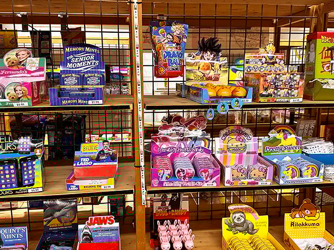 From Memory Mints for "Senior Moments" to Hello Kitty treats, this shelf proves nostalgia and novelty can peacefully coexist in sugar form.