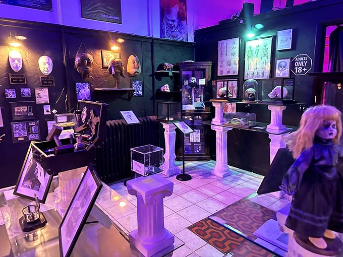 This hauntingly curated display showcases artifacts that would make Wednesday Addams feel right at home. Purple lighting adds that extra touch of the macabre.