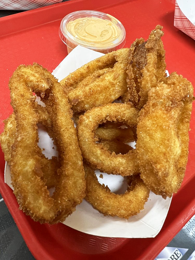 Golden-brown onion rings with the perfect crunch-to-squish ratio. That dipping sauce isn't just playing a supporting role—it's gunning for an Oscar.