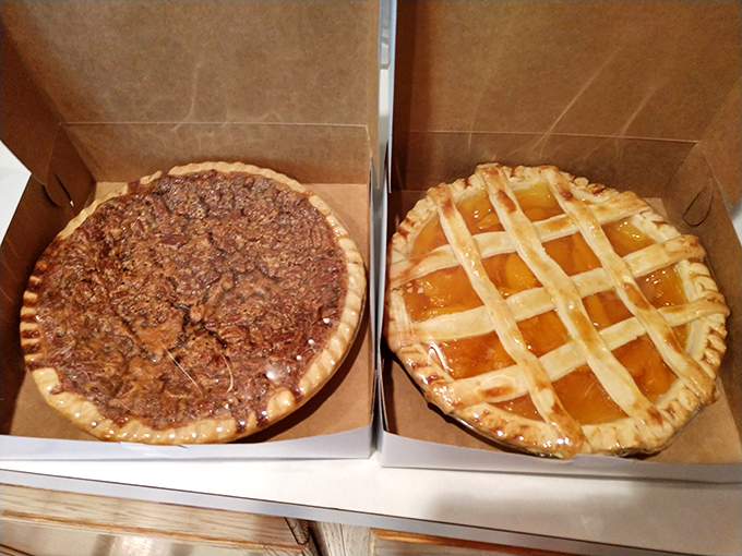 The main attraction in all its glory: wet-bottom shoofly pie with its gooey molasses layer and perfect lattice-topped peach pie waiting for their forever homes.