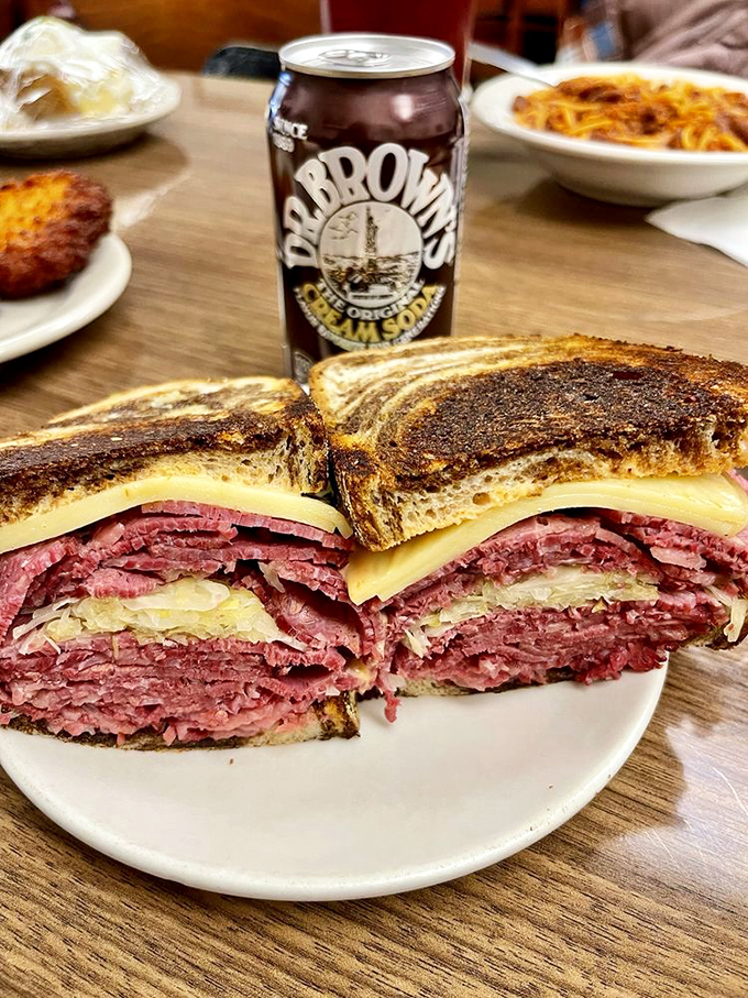 Not so much a sandwich as a skyscraper of meat, this Reuben requires structural engineering skills and at least three napkins per bite.
