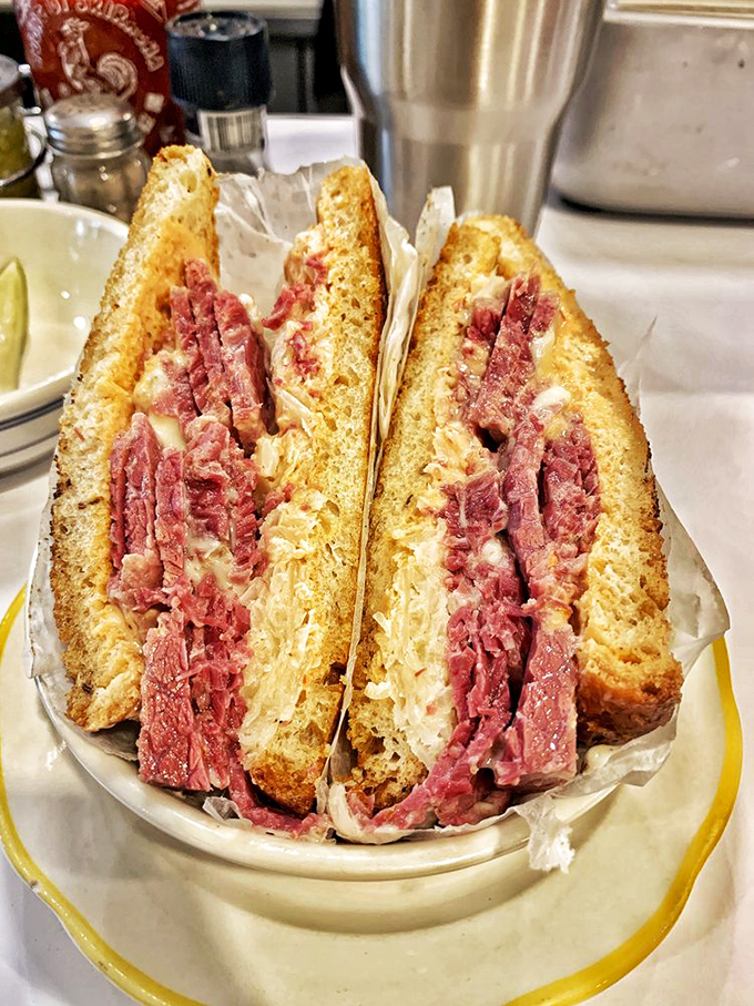 The Reuben here isn't just a sandwich—it's architecture. Layers of corned beef and sauerkraut create a skyscraper of flavor that demands to be photographed before eaten.