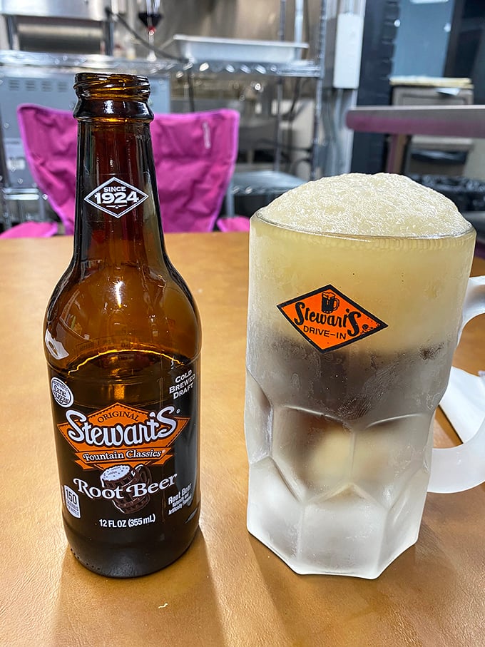 The star of the show: Stewart's root beer in a frosty mug so cold it sweats with anticipation, just like you will.