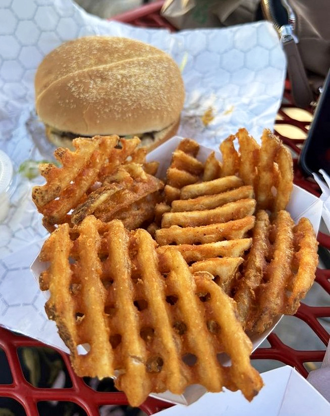 Waffle fries that could make a French chef weep with joy, perfectly seasoned and geometrically designed to maximize both crunch and potato goodness. 