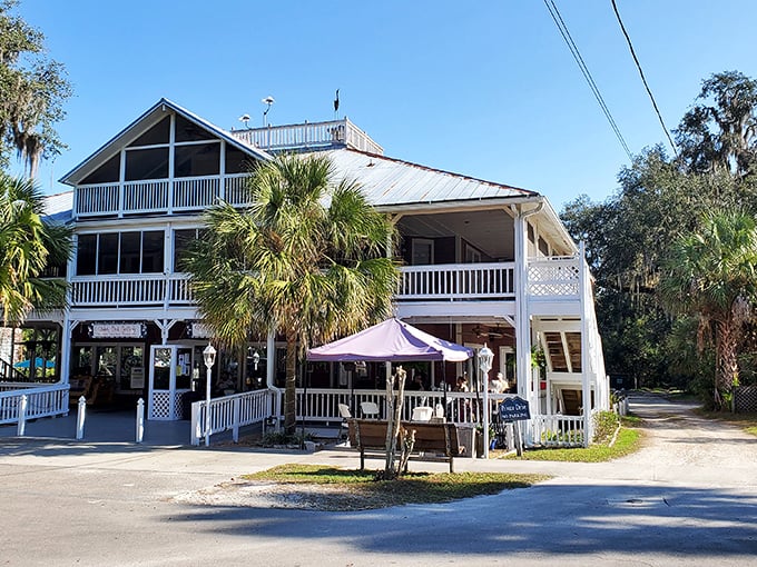 The Shady Oak Gallery stands as a white-washed testament to Florida's architectural heritage, where wraparound porches invite lingering conversations and afternoon breezes. 