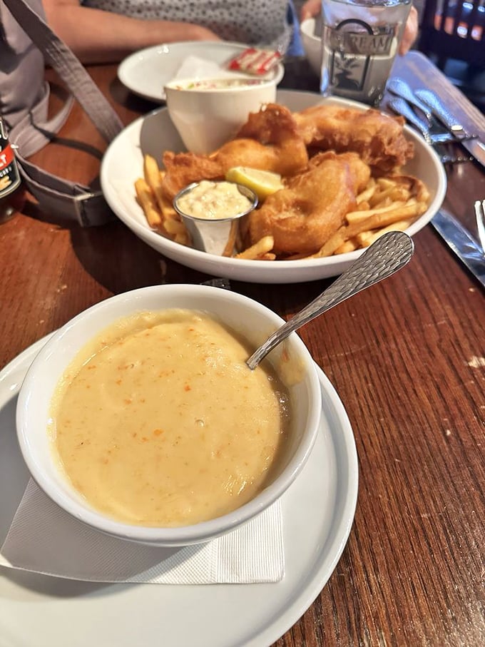 The ultimate comfort food pairing – velvety Smoked Gouda soup alongside the star attraction. Your diet can wait until tomorrow.