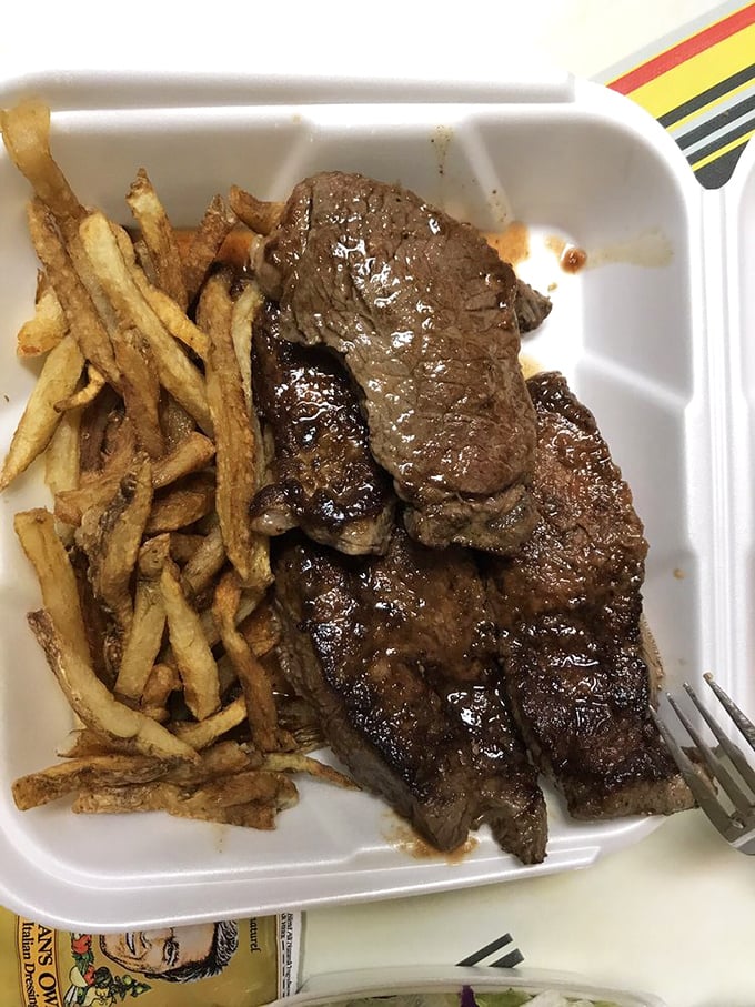 Behold the star of the show: a perfectly seared steak with hand-cut fries that makes you wonder why you ever bothered with fancy restaurants.