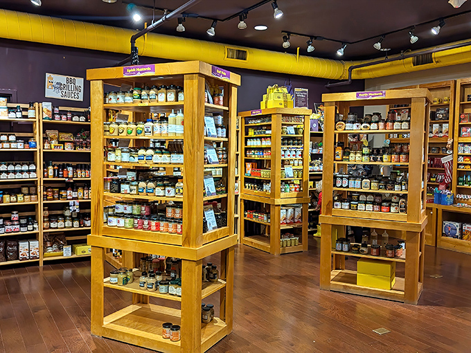 Wooden display cases showcase thousands of mustard varieties from around the globe, arranged like precious artifacts in this temple of tang.