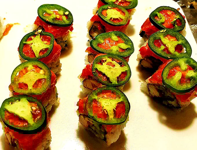 These vibrant sushi rolls topped with jalapeño slices deliver a spicy kick that transforms the buffet standard into something worth writing home about.