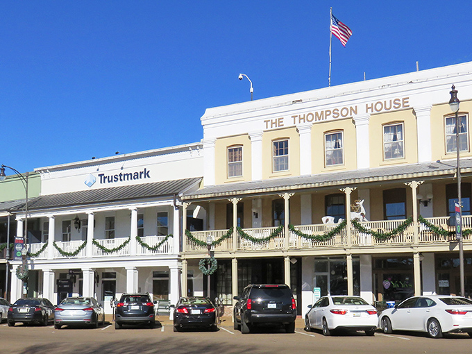 The Thompson House stands as elegant today as when ladies in hoop skirts graced its balconies—though parking has definitely improved since then.