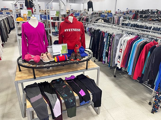 Fashion finds arranged with surprising care. That vibrant pink sweater might have once graced a runway, now waiting for its second act.