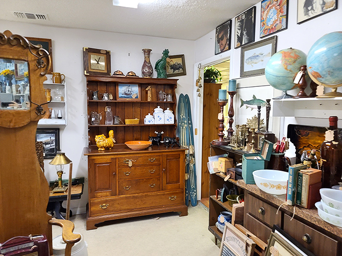 Vintage globes and wooden treasures create a corner that whispers, "Remember when geography lessons didn't involve Google Maps?"