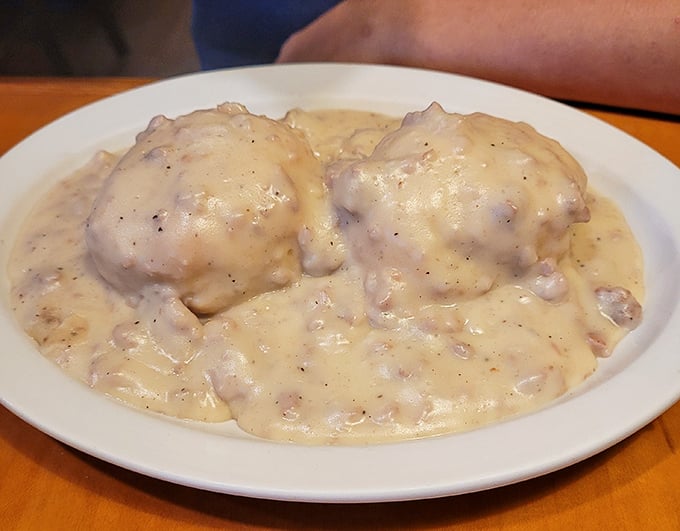 Biscuits and gravy that don't mess around – these fluffy islands floating in a sea of creamy, peppery bliss could convert a carb-counter.