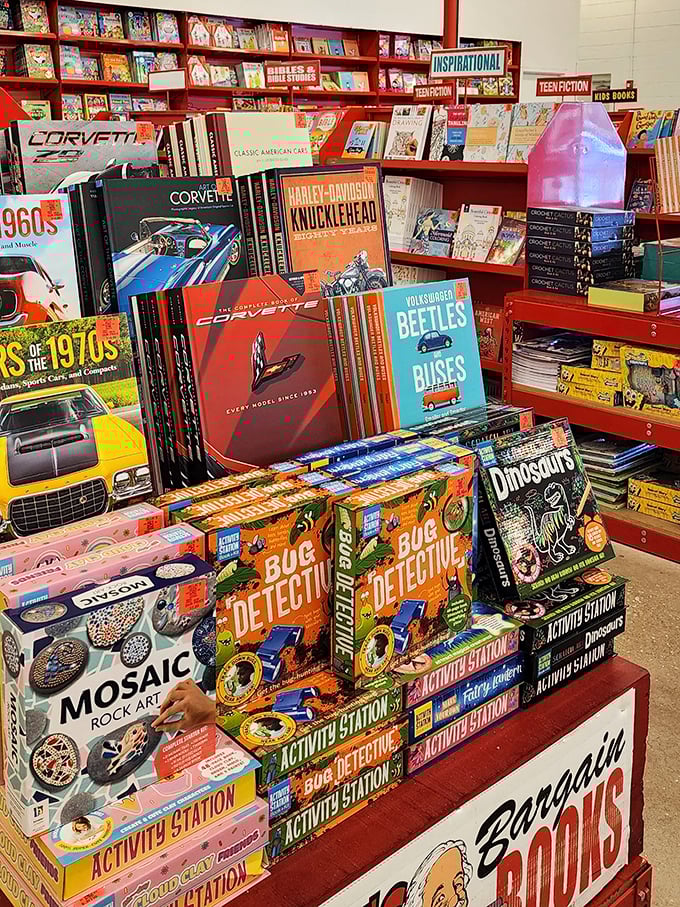 Bibliophiles beware: you'll need willpower not to adopt every discounted coffee table book about classic cars and VW Beetles on display.