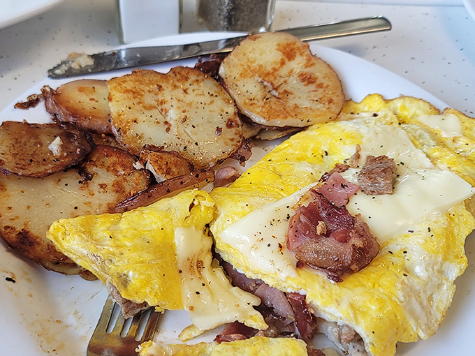 Breakfast perfection isn't complicated: golden home fries, eggs with that ideal runny-to-set ratio, and not a foam or "deconstructed" element in sight.