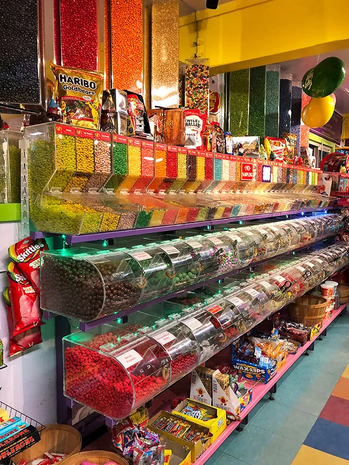 The candy wall—where self-control goes to die and childhood memories come flooding back faster than you can say "one of each, please."
