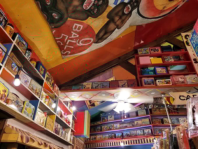Look up! The ceiling serves as prime real estate in this packed museum, where vintage lunchboxes create a colorful canopy of pop culture history.