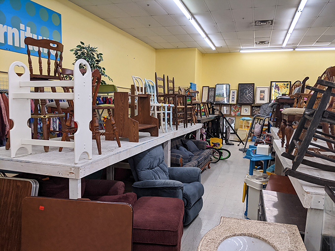 The furniture section: where forgotten dining chairs get second chances and sofas await new living rooms to call home.