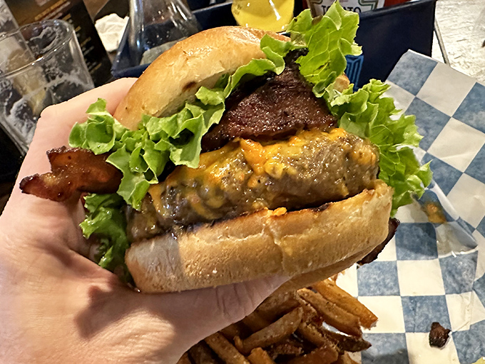 Not so much a burger as a towering monument to beef perfection. Lettuce, cheese, and bacon in harmonious balance.
