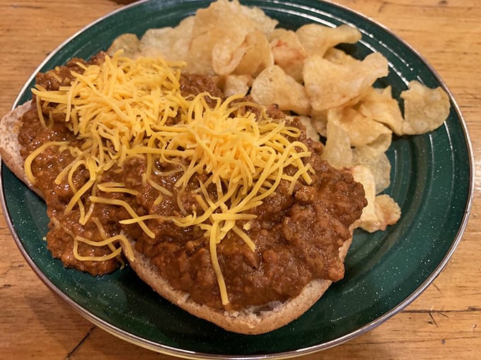 That's not just a Sloppy Joe – it's childhood nostalgia with an upgrade, crowned with melty cheese and paired with chips that audibly crunch with each bite.