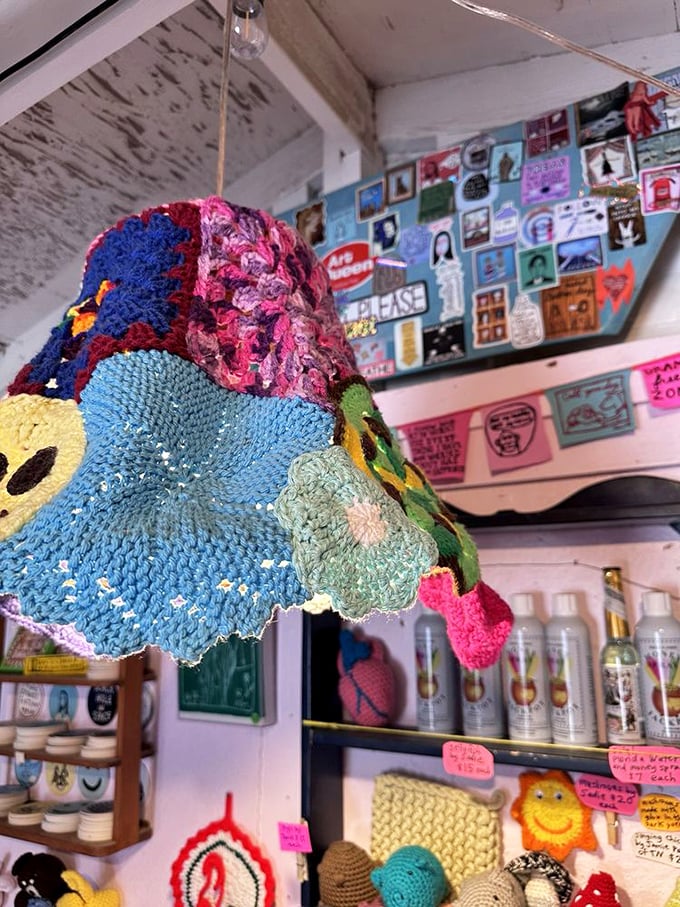 Even the lighting gets the crochet treatment – this handmade lampshade proves no surface escapes the yarn transformation.