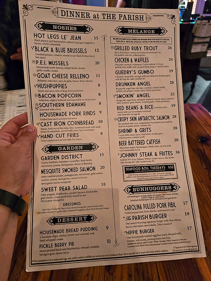 Dinner at The Parish elevates comfort food to art form. "Drunken Angel" and "Smokin' Angel" suggest even celestial beings enjoy good eating.