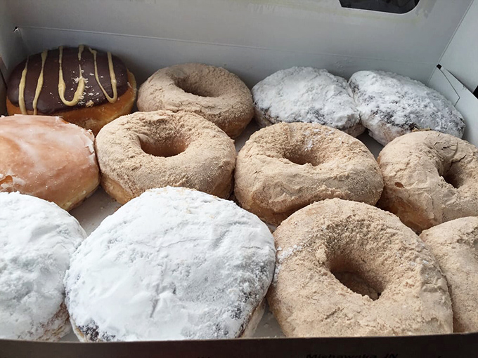 Donut heaven exists, and it's arranged neatly in these boxes. The powdered sugar ones look like they've been caught in a delicious blizzard.