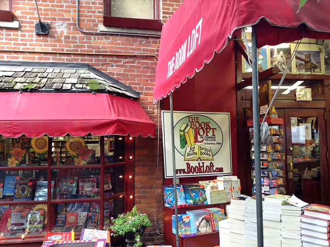 The Book Loft's charming exterior proudly announces its identity with vintage signage. That "32 rooms" isn't hyperbole—it's a reader's paradise mapped out in brick.