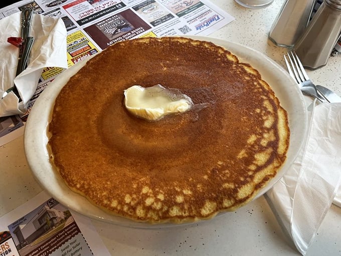Behold the famous pancake in its natural habitat—a perfect golden disc that spans the plate like a delicious vinyl record of breakfast hits.