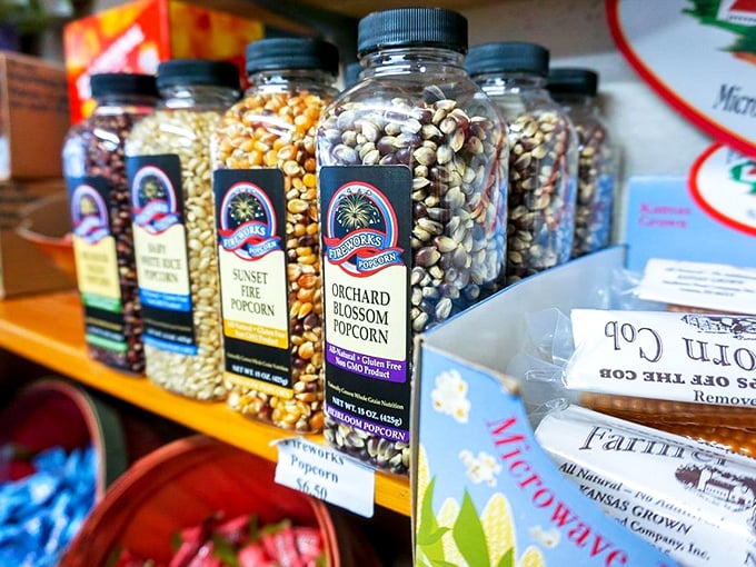 Gourmet popcorn kernels lined up like soldiers ready for duty. From "Sunset Fire" to "Orchard Blossom," snacking gets a Julian upgrade.