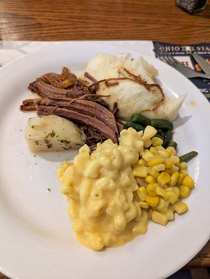 That tender roast beef didn't just fall off the bone – it practically leapt onto the plate, bringing along its friends: mac and cheese that puts boxed versions to shame.