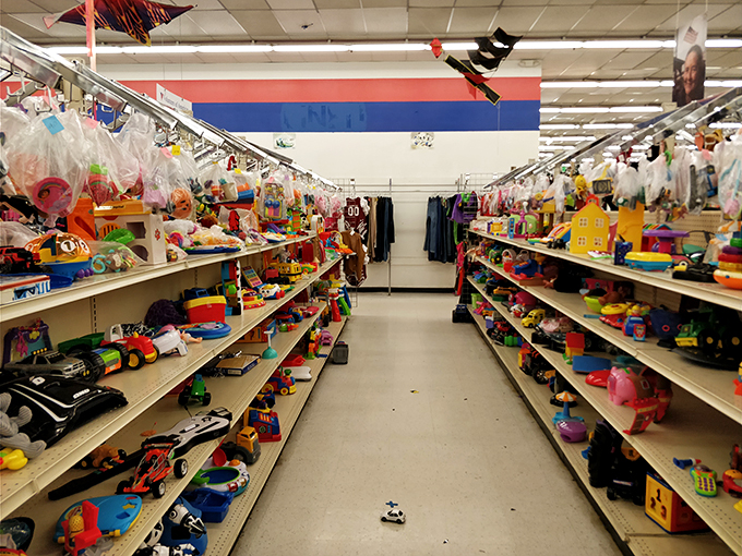Toy paradise! Aisles packed with colorful potential birthday gifts, where budget-conscious grandparents become instant heroes without breaking the bank.