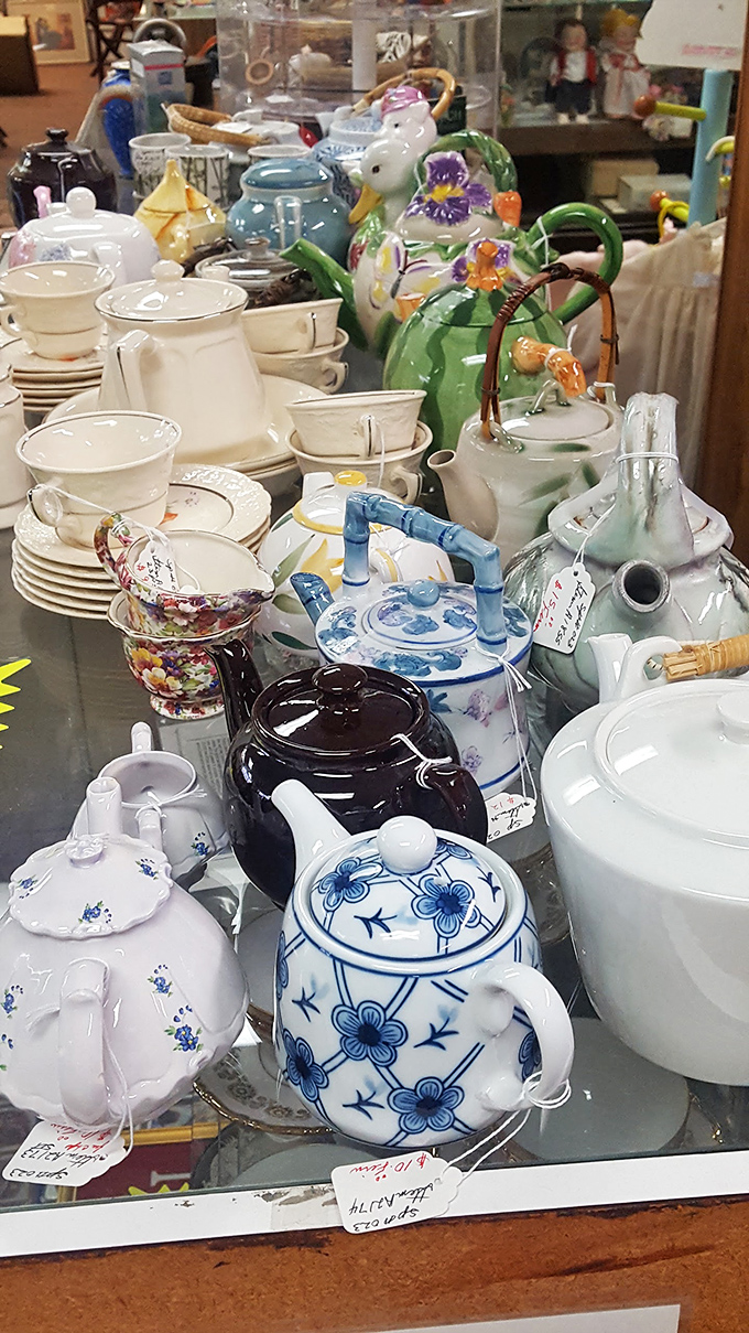Tea time is anytime when surrounded by this porcelain parade of vintage teapots—each one waiting to pour stories from another era.