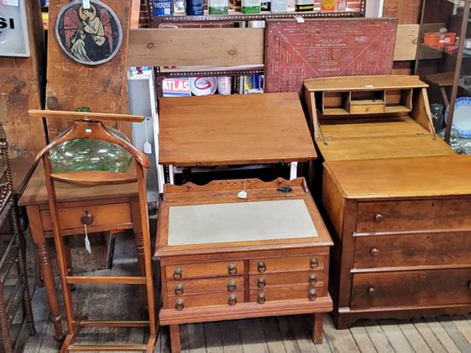 Furniture with history—these aren't just tables and cabinets, they're time capsules with drawers. That roll-top desk has probably seen more secrets than a small-town hairdresser.