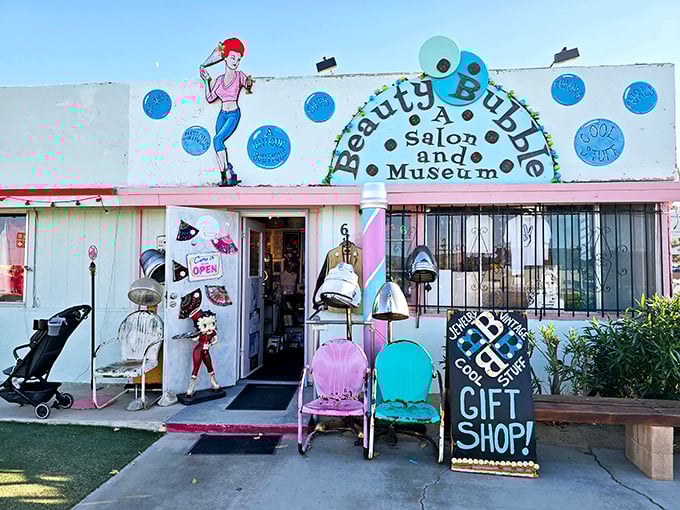 The Beauty Bubble's retro facade is like stepping into a 1950s postcard where hairspray was considered a basic food group.
