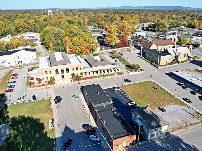 Fall colors frame this aerial view of Crossville, where mountain views come without the mountain-sized price tag. Retirement paradise found!
