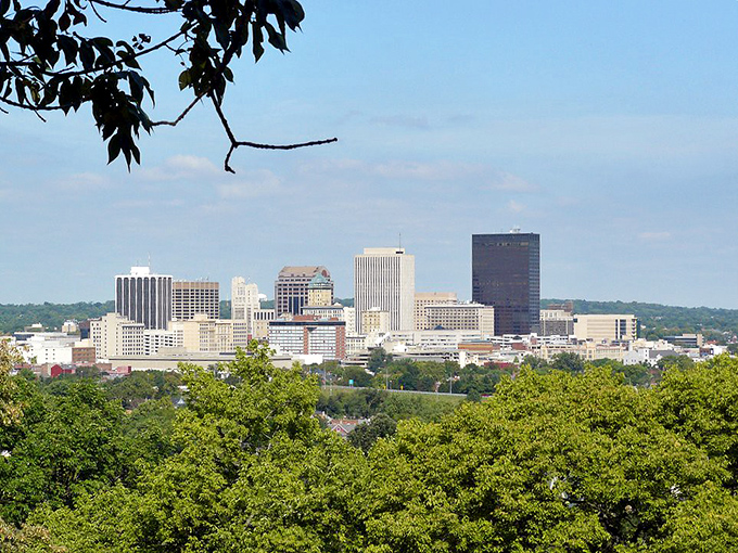 Dayton's impressive cityscape emerges from lush greenery, proving you don't need big bucks to enjoy beautiful urban surroundings.