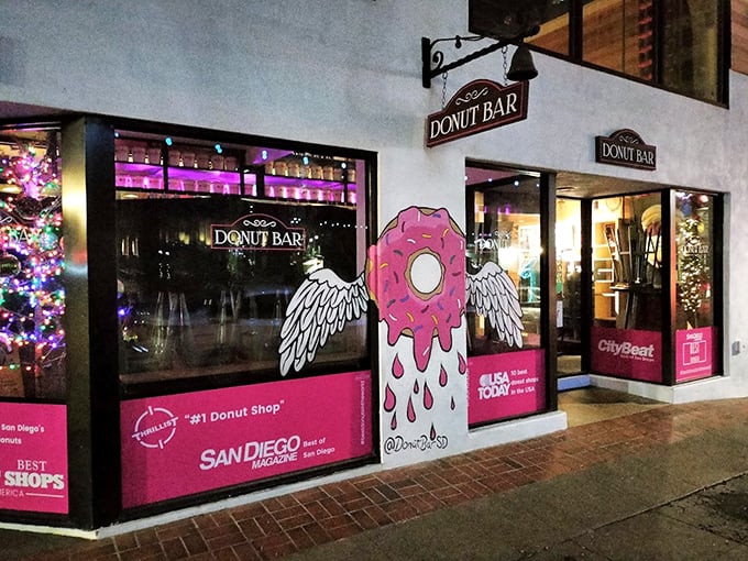 Donut Bar's pink façade and winged logo promise something special. Inside, those promises are kept deliciously.