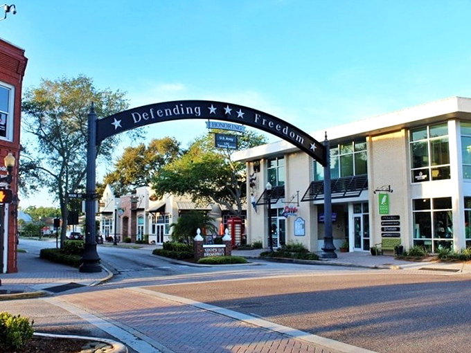 Dunedin's "Defending Freedom" arch welcomes visitors to a community that honors both heritage and hospitality.