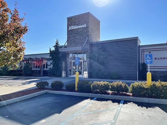 Modern on the outside, pizza paradise within! Klavon's stone tower stands like a monument to great pizza.