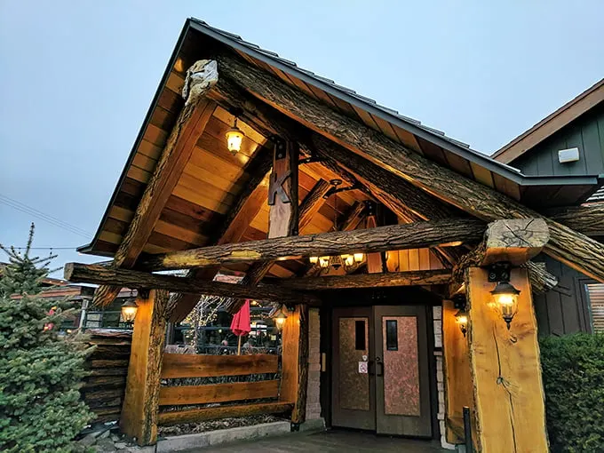 Krapil's entrance looks like Paul Bunyan's vacation cabin, if Paul had excellent taste in steak. Those timber beams tell stories!
