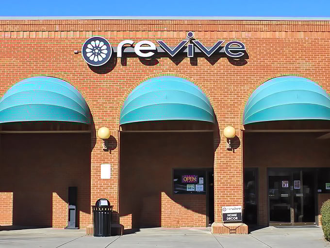 Revive's stylish brick facade and teal awnings hint at the curated treasures waiting inside this Woodstock gem.