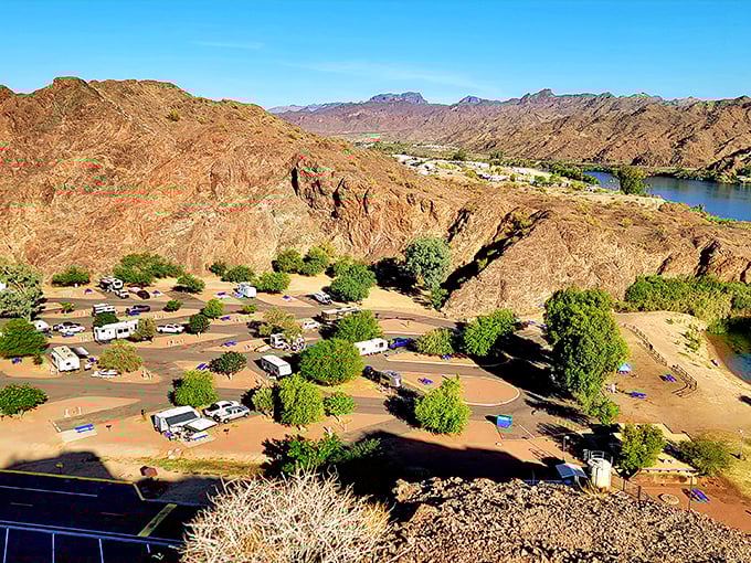 Desert mountains meet the Colorado River at River Island, creating a landscape that belongs on a postcard.
