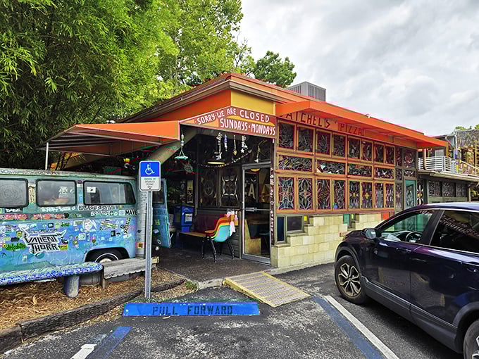 Satchel's doesn't just serve pizza – it serves whimsy with a side of "only in Gainesville" artistic charm.