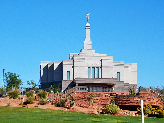 Snowflake's gleaming temple stands like a beacon against Arizona's blue skies, an unexpected sight in this historic pioneer town.