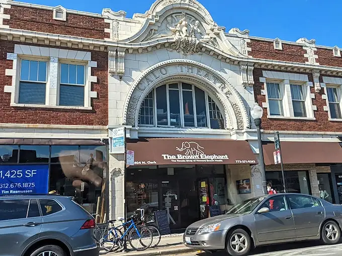 The Brown Elephant's historic theater facade adds architectural drama to your thrifting adventure in Andersonville.